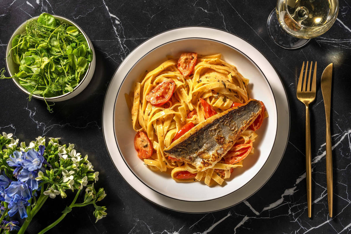 Crispy Sea Bream on King Prawn Tagliatelle Recipe | HelloFresh