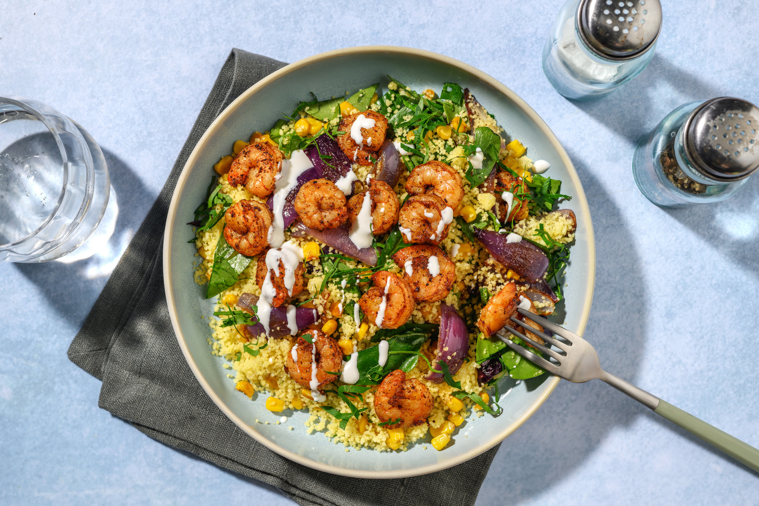 Double Caribbean Prawns & Charred Corn Couscous Recipe | HelloFresh